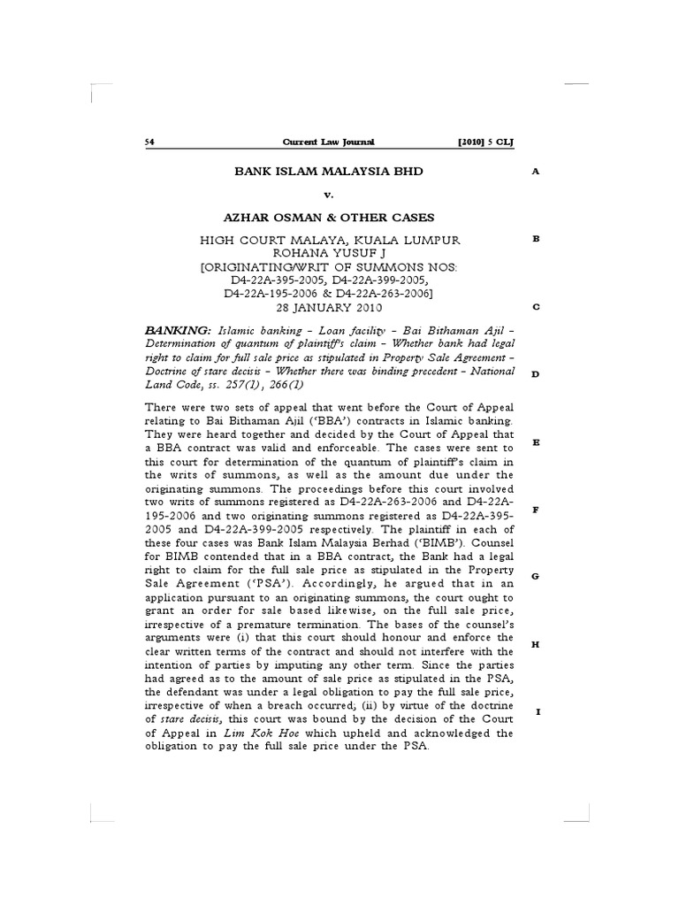Bank Islam v. Azhar Osman: BBA Claims | PDF | Precedent | Legal ...