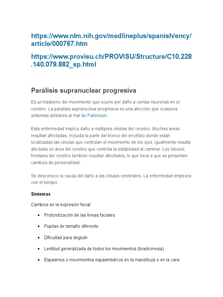 Parálisis supranuclear progresiva: síntomas y causas | PDF