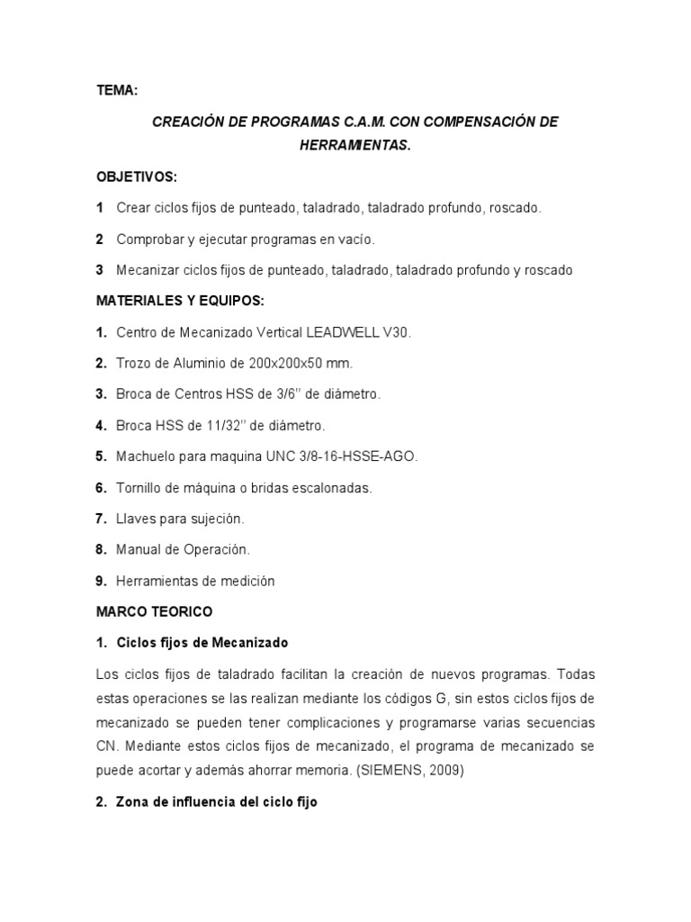 Programa CNC para realizar ciclos fijos de taladrado, taladrado profundo y roscado en aluminio ...