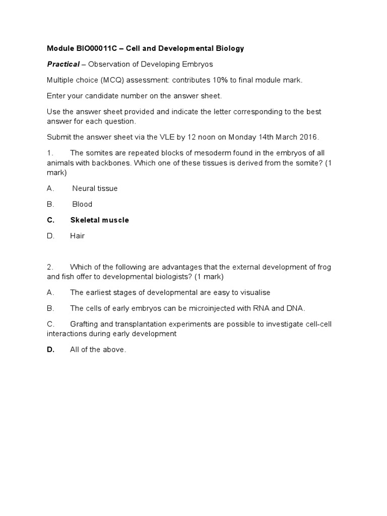 Practical MCQ Sheet - Questions | PDF | Embryo | Biological Processes