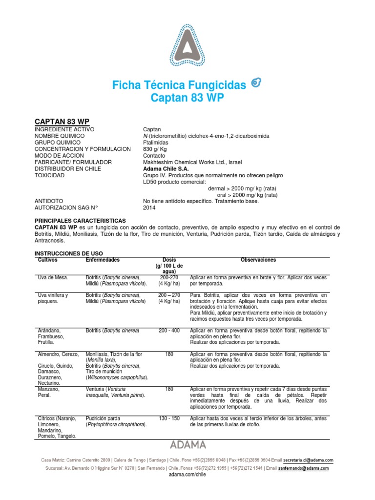 FICHA TECNICA, CAPTAN 83 WP | Fungicida | Fruta