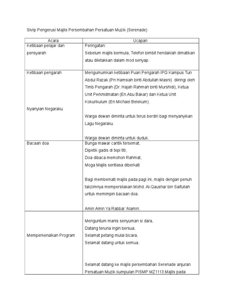Skrip Pengerusi Majlis Persembahan Persatuan Muzik | PDF