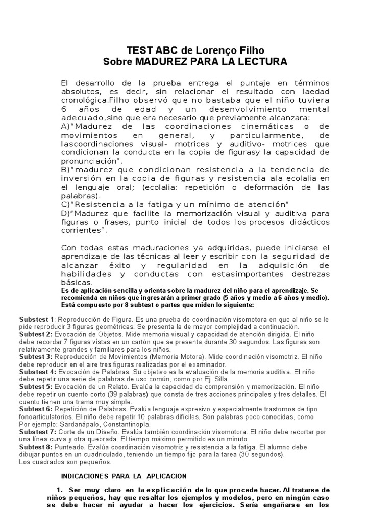 Test ABC de Lorenzo Filho: Guía Completa | PDF | Memoria | Lectura ...