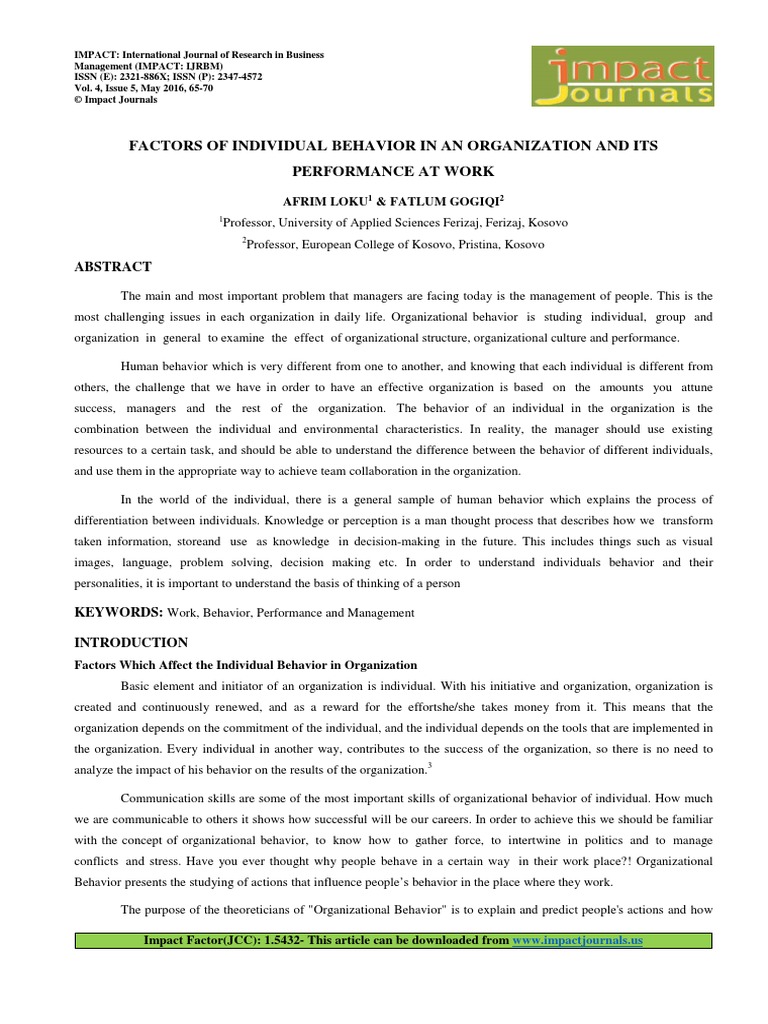 Factors of Individual Behavior in An Organization and Its Performance ...