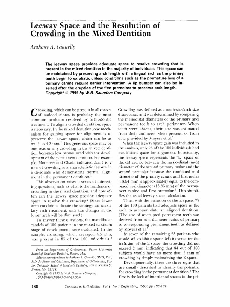 Leeway Space and The Resolution of Crowding in The Mixed Dentition ...