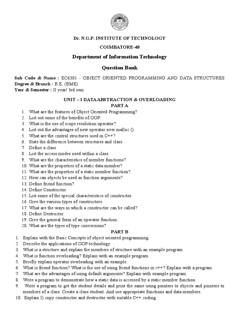 OOPS & DS Question Bank | PDF | Class (Computer Programming ... OOPS & DS Question Bank | PDF | Class (Computer Programming ...