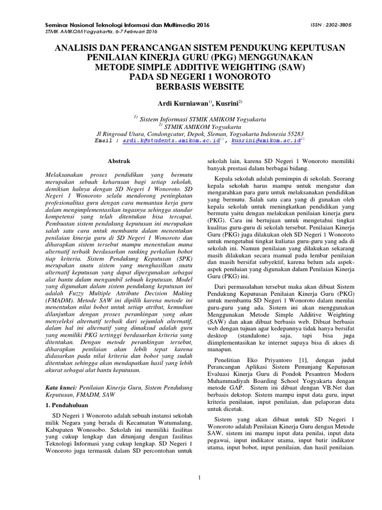 Sistem Pendukung Keputusan Penilaian Kinerja Guru (PKG) Menggunakan Metode SAW Berbasis WEB ...