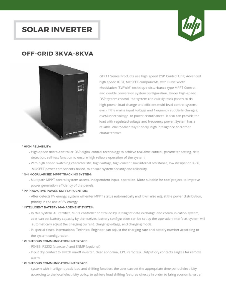 Off-Grid 3KVA-8KVA Solar Inverter Specs | PDF | Power Supply | Power ...
