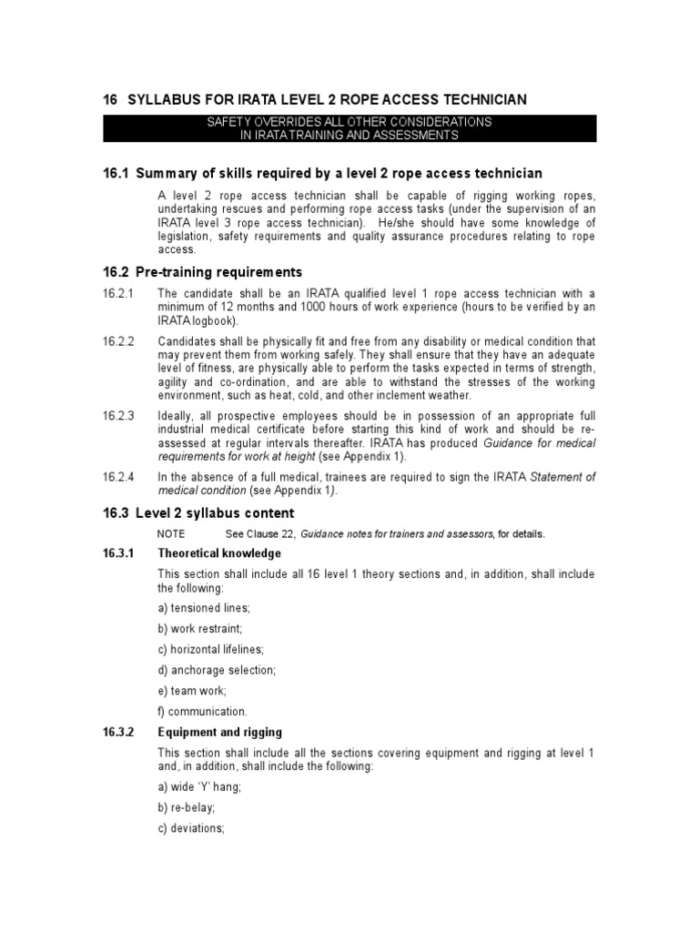 Syllabus For Irata Level 2 Rope Access Technician | PDF