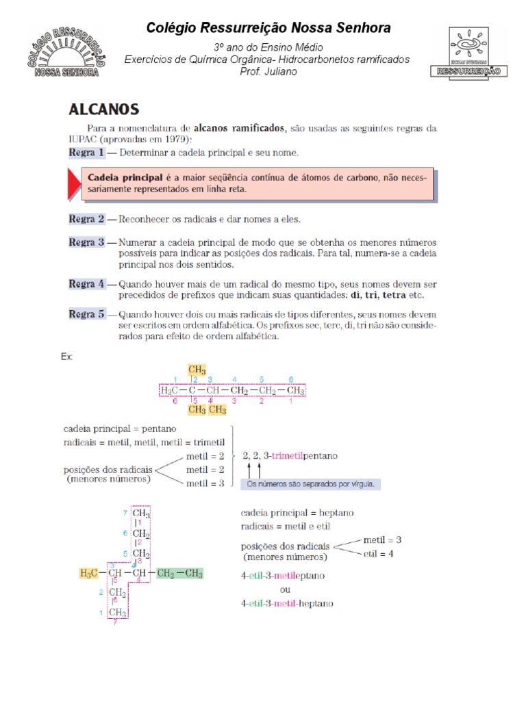 Exercícios sobre nomenclatura de hidrocarbonetos ramificados e ... Exercícios sobre nomenclatura de hidrocarbonetos ramificados e ...