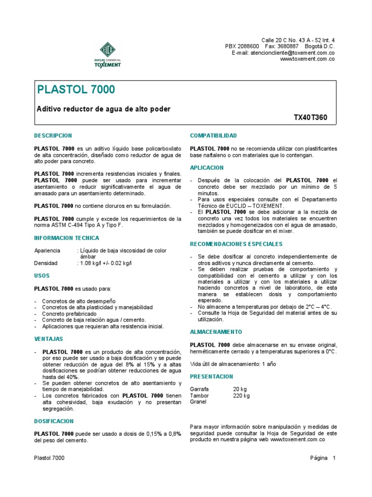 HT - Plastol - 7000 Aditivo Reductor de Agua de Alto Poder | PDF ...
