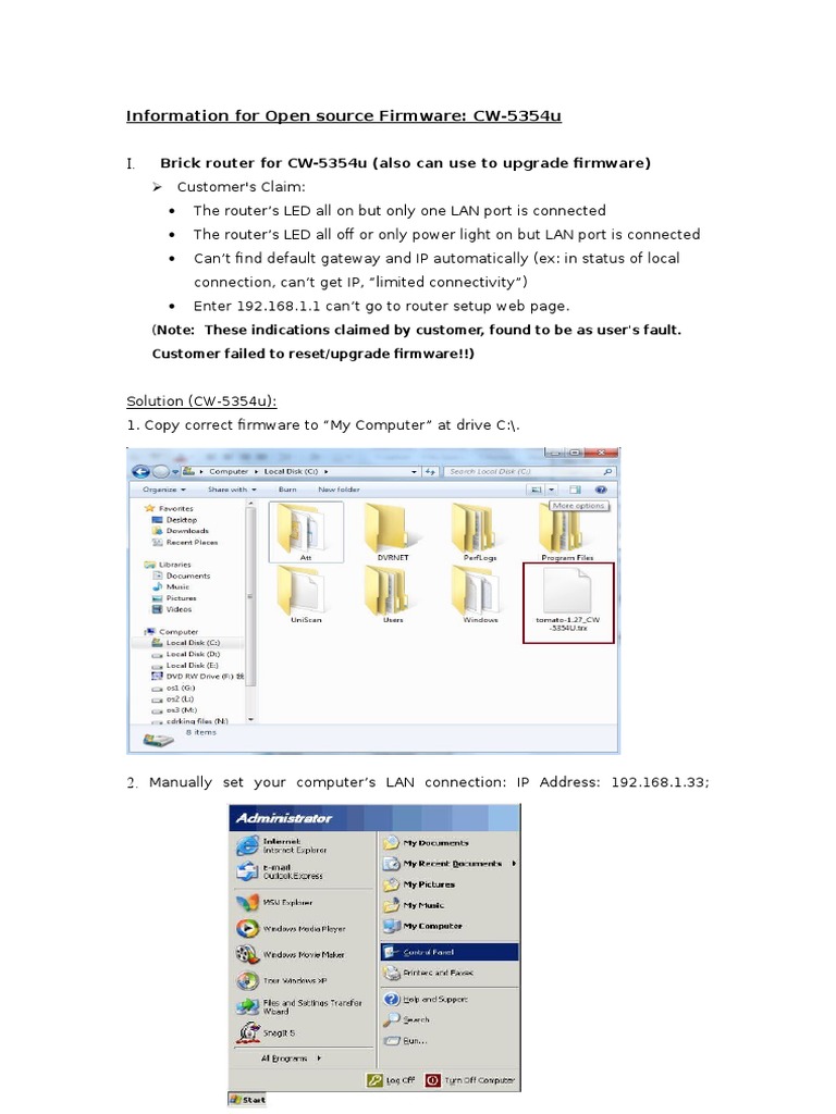 Manual For Unbrick The Cw5354u Router | PDF | Computers