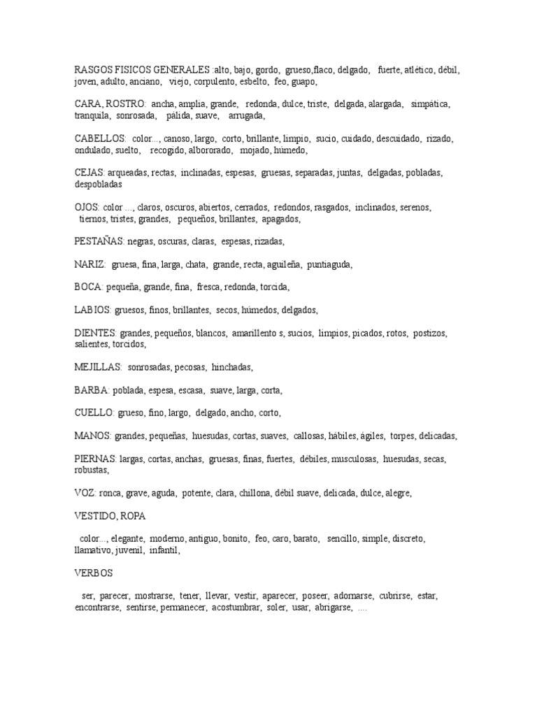 Rasgos Fisicos para Descripcion de Personajes | PDF
