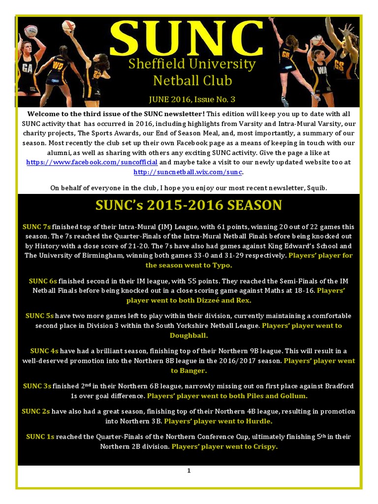 Sheffield University Netball Club: SUNC's 2015-2016 SEASON | PDF