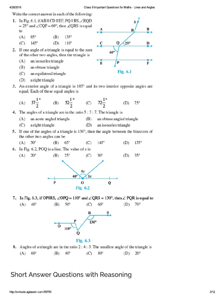 Class 9 Important Questions For Maths - Lines and Angles | PDF
