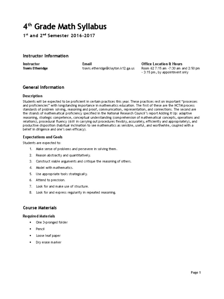 4th Grade Syllabus | PDF | Homework | National Council Of Teachers Of ...