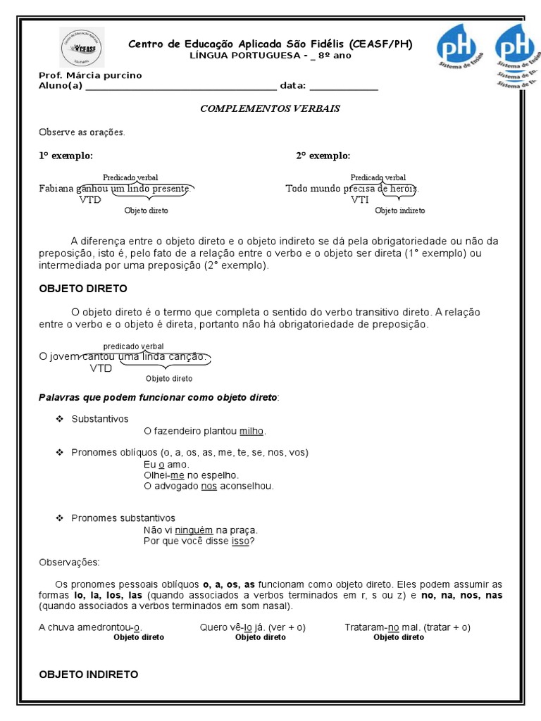 Complementos Verbais | PDF | Objeto (gramática) | Predicado (gramática)