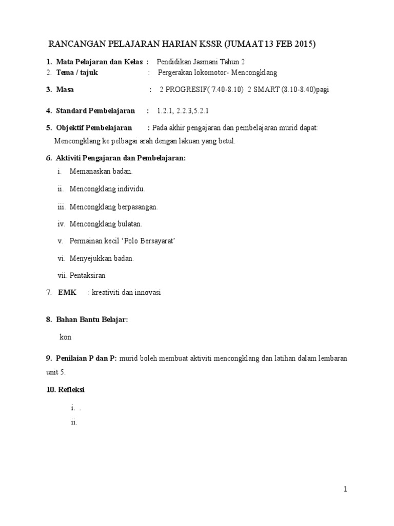 Contoh RPH PJ Kemahiran Mencongklang | PDF