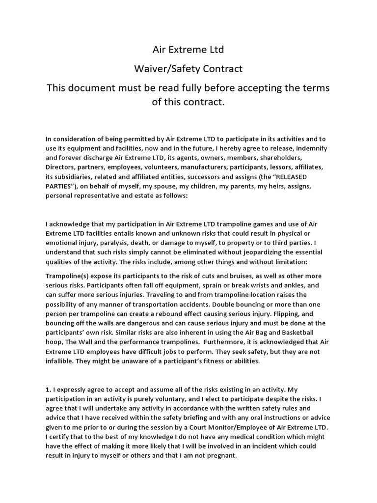 Air Extreme Ltd Safety Waiver Agreement | PDF | Epilepsy | Risk