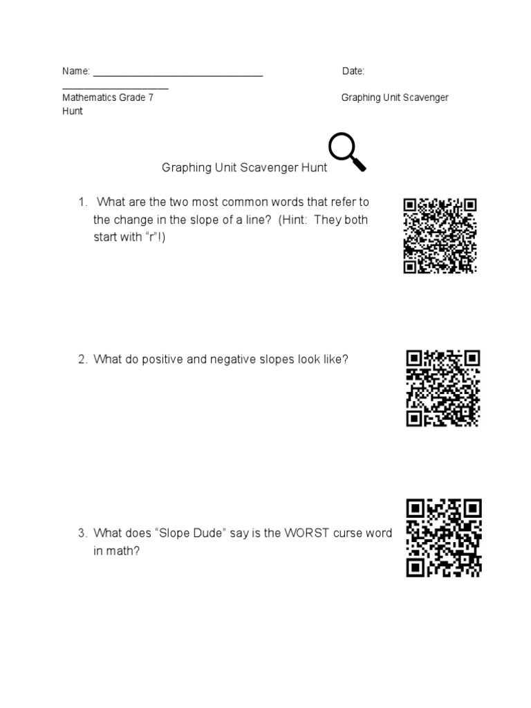 Name: - Date: - Mathematics Grade 7 Graphing Unit Scavenger Hunt | PDF