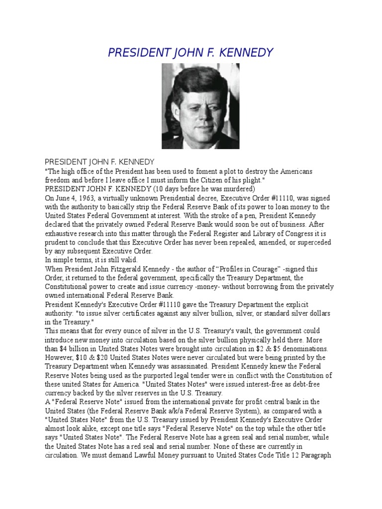 JFK's Executive Order 11110 | PDF | Federal Reserve System | United ...