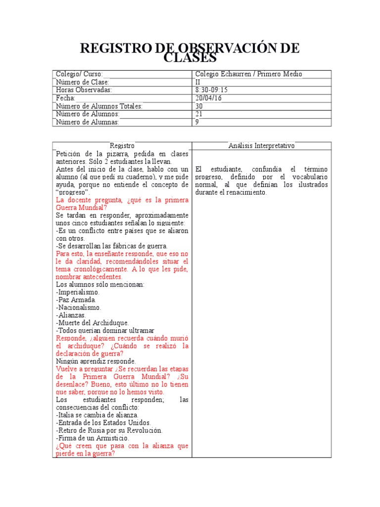 Registro de Observación de Clases-primero Medio-clase II