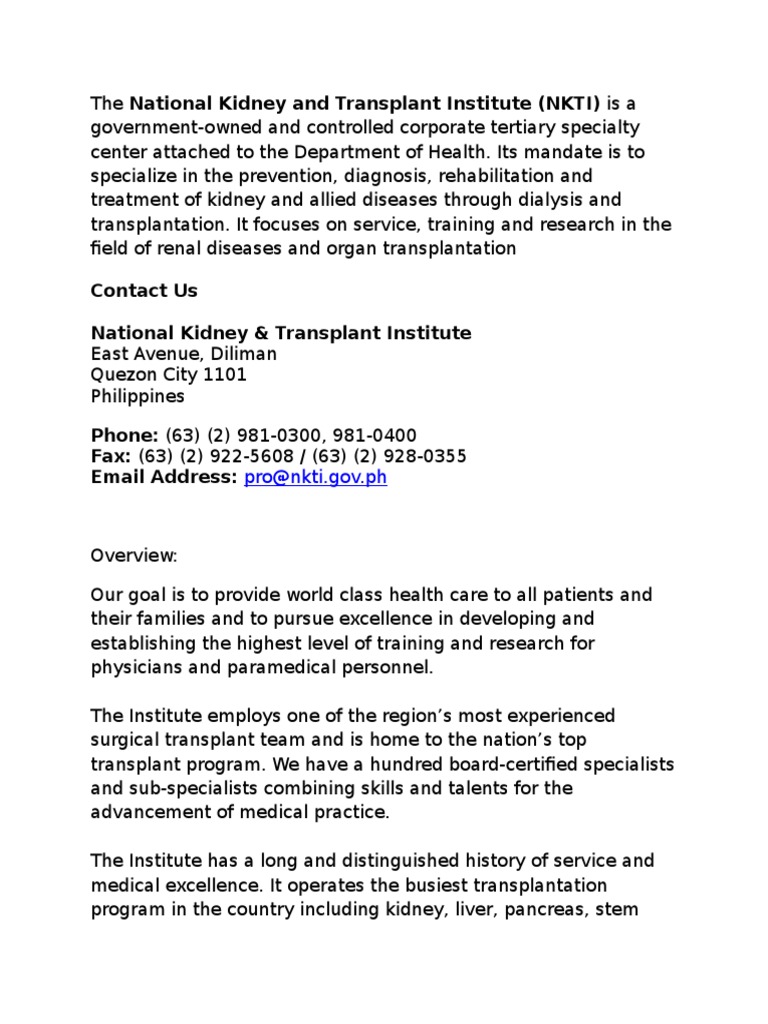 NKTI Overview and Contact Information | PDF | Urinary Tract Infection ...