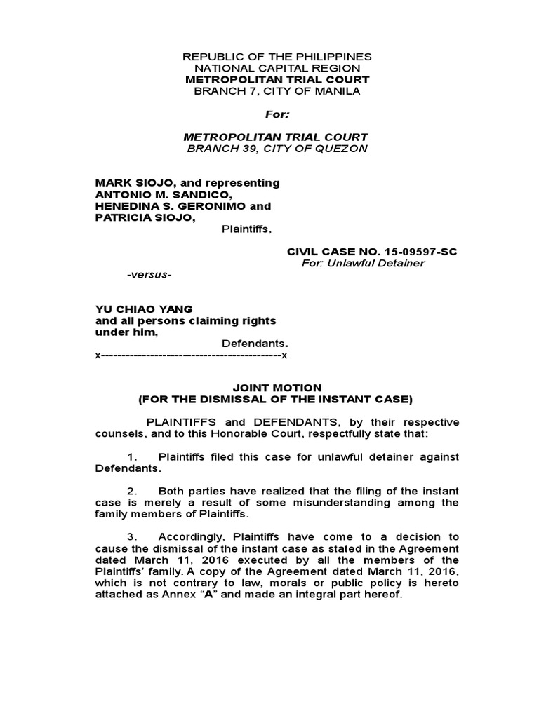 Joint Motion For Dismissal For YANG | PDF | Law