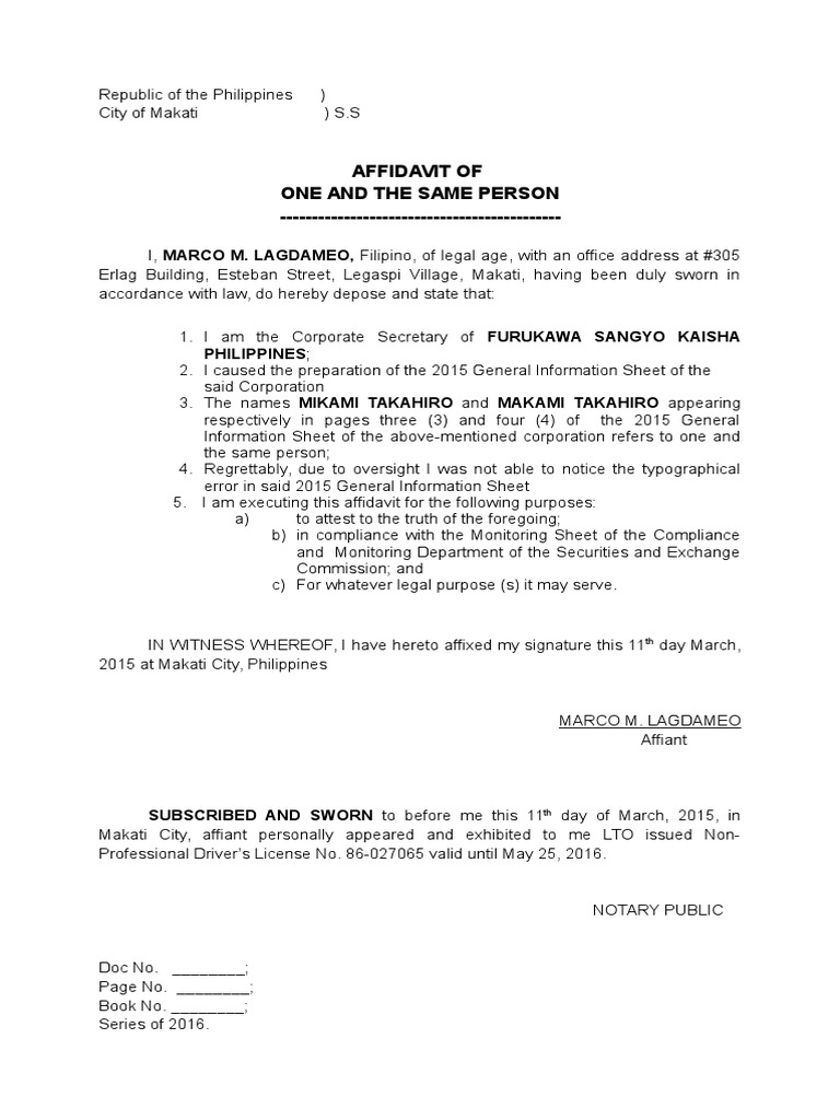 Affidavit of One and Same Person | PDF