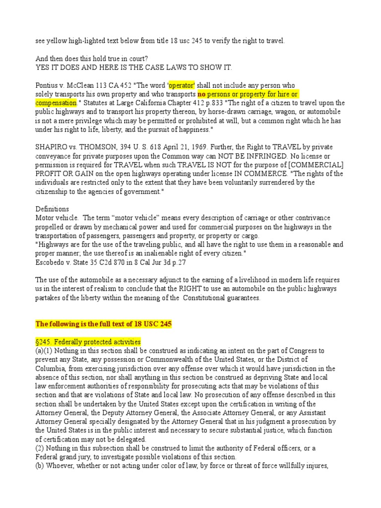 Read Title 18 USC Paragraph # 245 To Verify The Right To Travel | PDF ...
