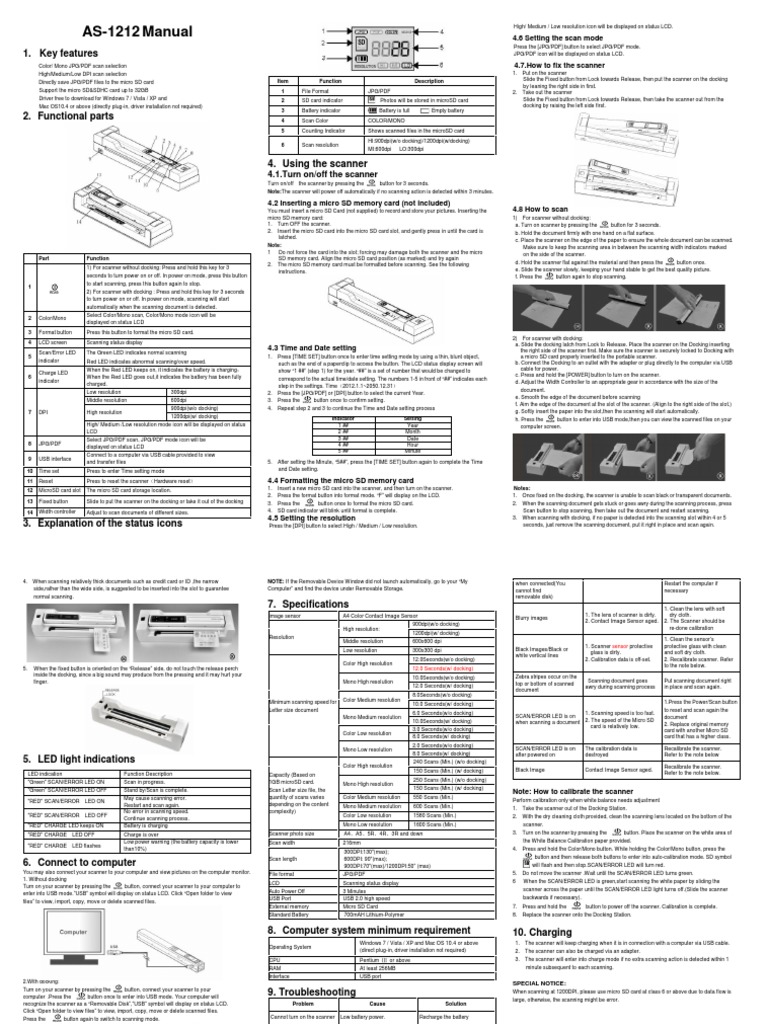 AS1212 English Manual | PDF | Image Scanner | Secure Digital