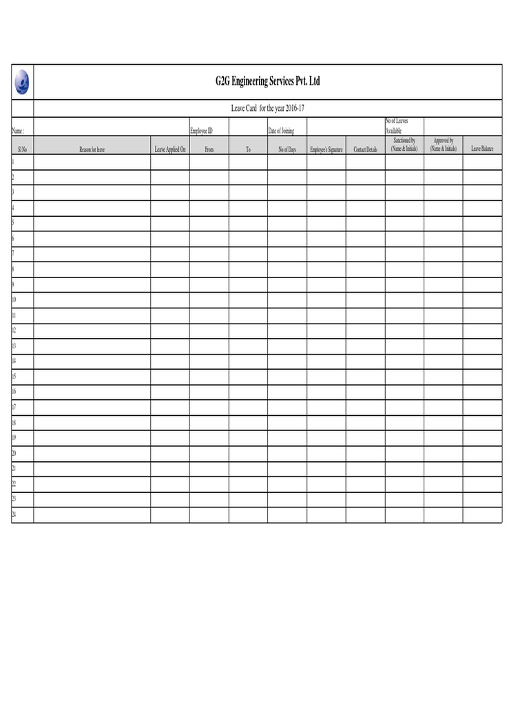 G2G Engineering Services Pvt. LTD: Leave Card For The Year 2016-17 | PDF