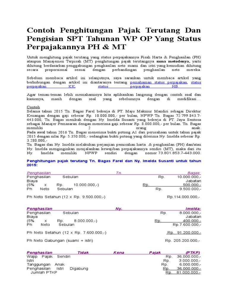 Contoh Penghitungan Pajak Terutang Dan Pengisian SPT Tahunan WP OP Yang ...