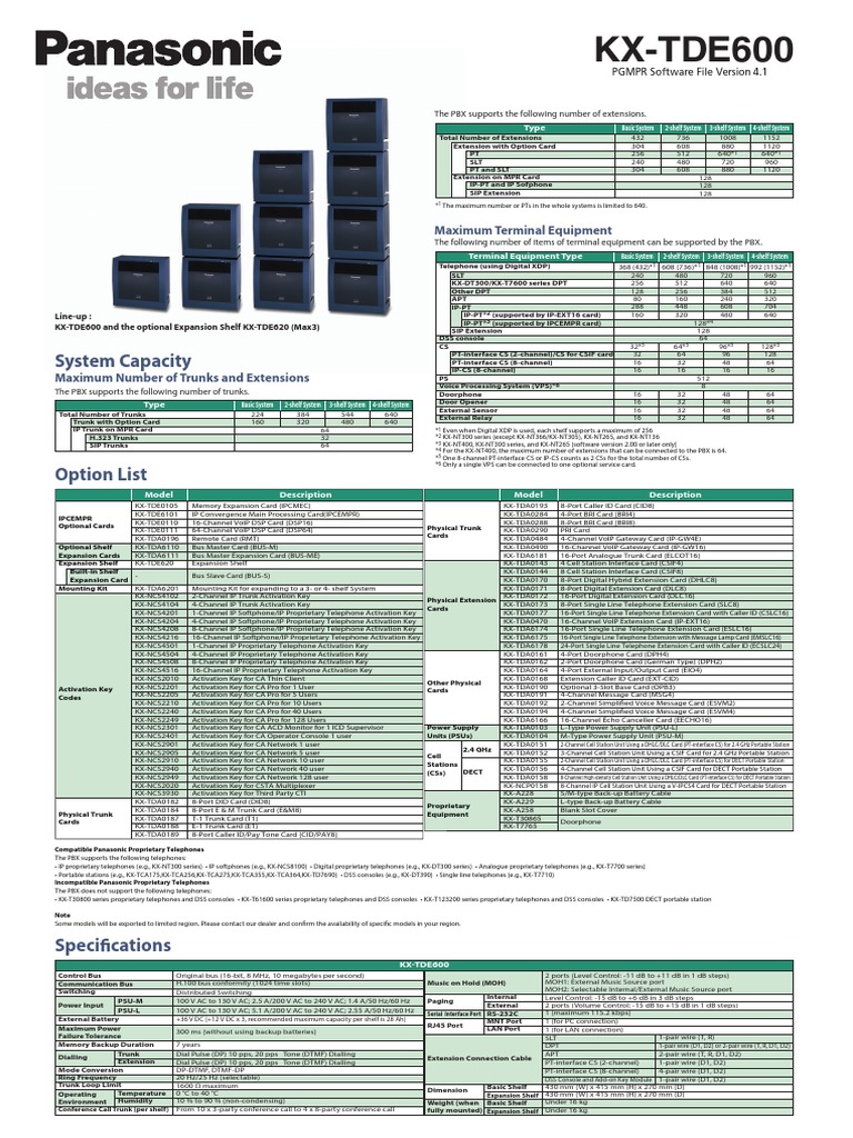 Panasonic KX-TDE600 Specifications Guide | PDF | Ip Address | Telephony