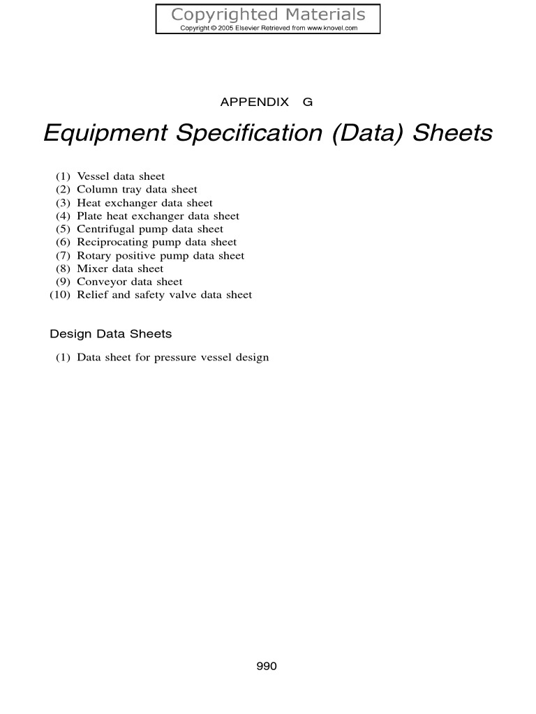 Equipment Specification Data Sheets | PDF | Pump | Heat Exchanger