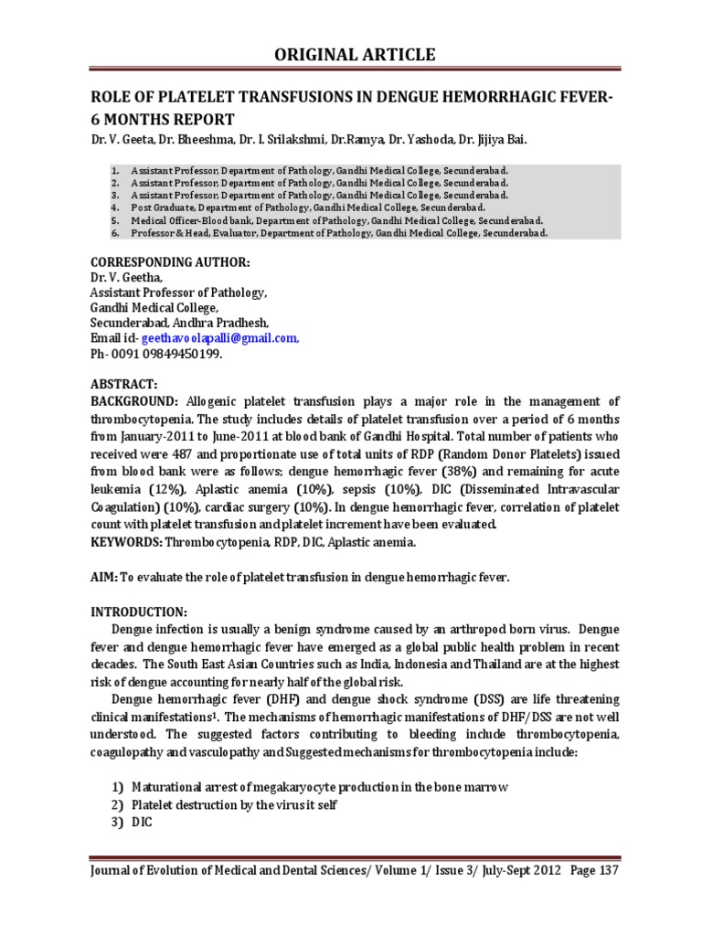 Role of Platelet Transfusions in Dengue Hemorrhagic Fever-6 Months ...