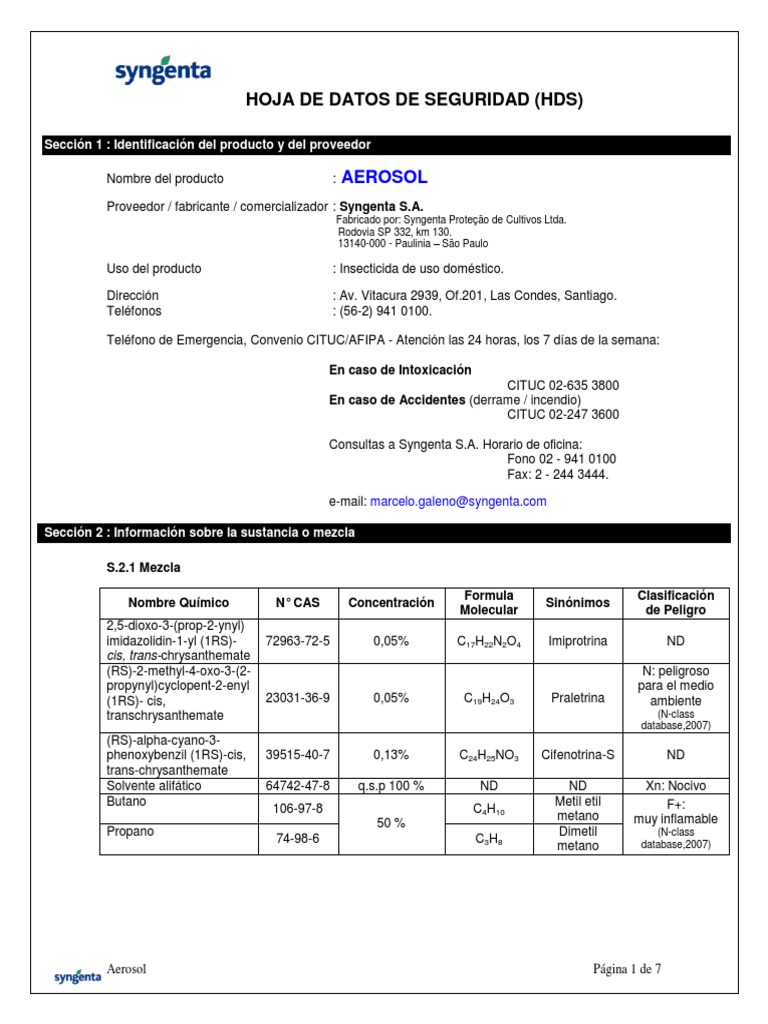 Aerosol - Hoja de Seguridad PDF | PDF | Residuos | Toxicidad