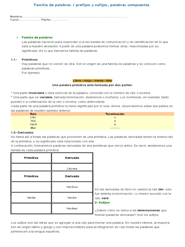 Familia de Palabras, Prefijos y Sufijos. | PDF | Unidades Semánticas ...