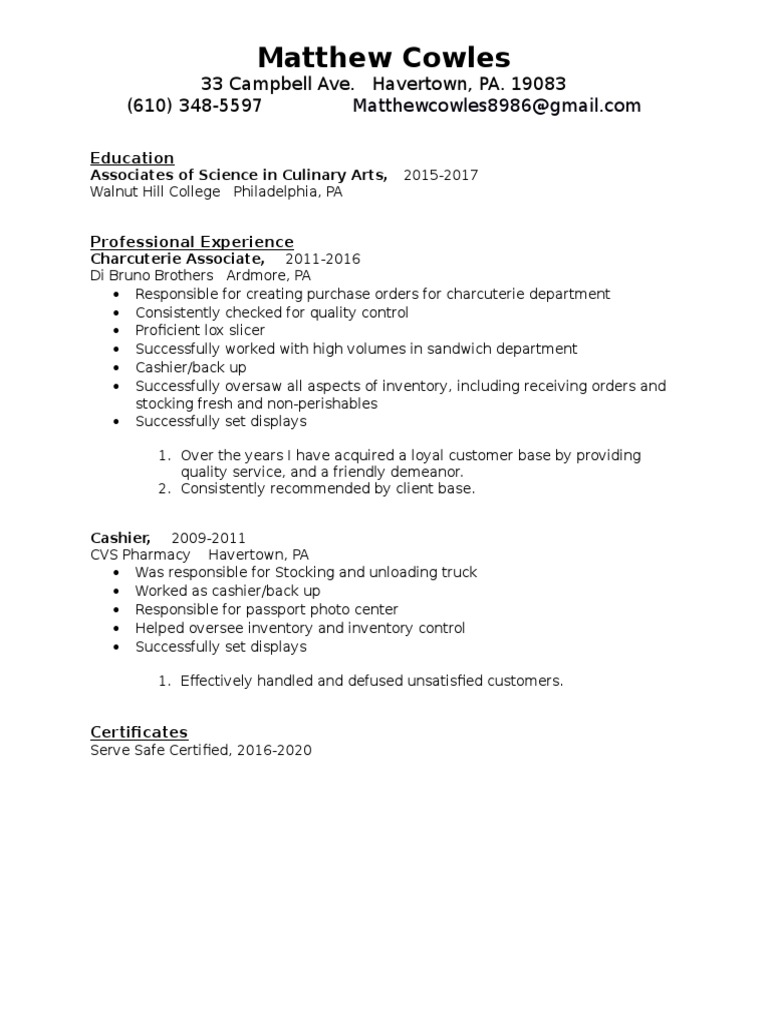 Culinary Arts Resume of Matthew Cowles | PDF