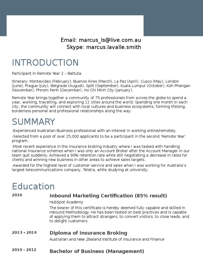 Resume of Marcus Lavalle-Smith | PDF | Insurance Broker | Queensland