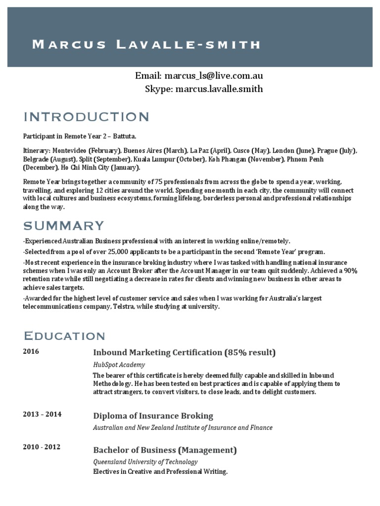 Resume of Marcus Lavalle-Smith | PDF | Insurance Broker | Queensland