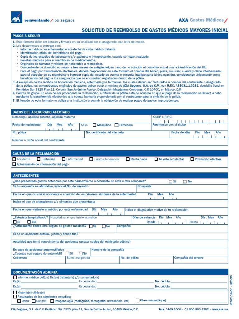 Solicitud de Reembolso Inicial GMM Axa | Póliza de seguros | Seguro