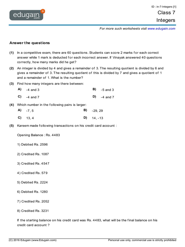 Grade 7 Integers in | PDF | Division (Mathematics) | Mathematical Notation