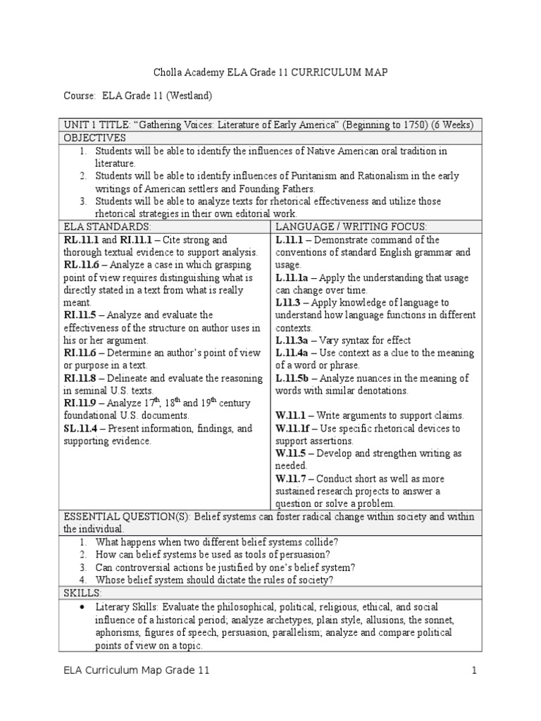 Grade 11 ELA Curriculum Map | PDF | English Language | Narrative
