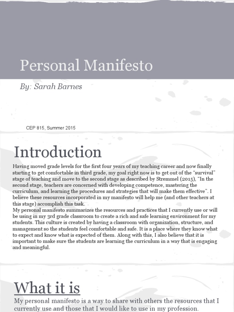 3rd Grade Teaching Personal Manifesto | PDF | Classroom | Common Core ...