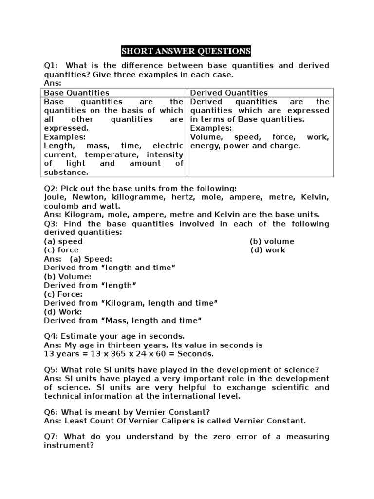 Short Answer Questions Chapter 1 Physics | PDF | Kilogram ...