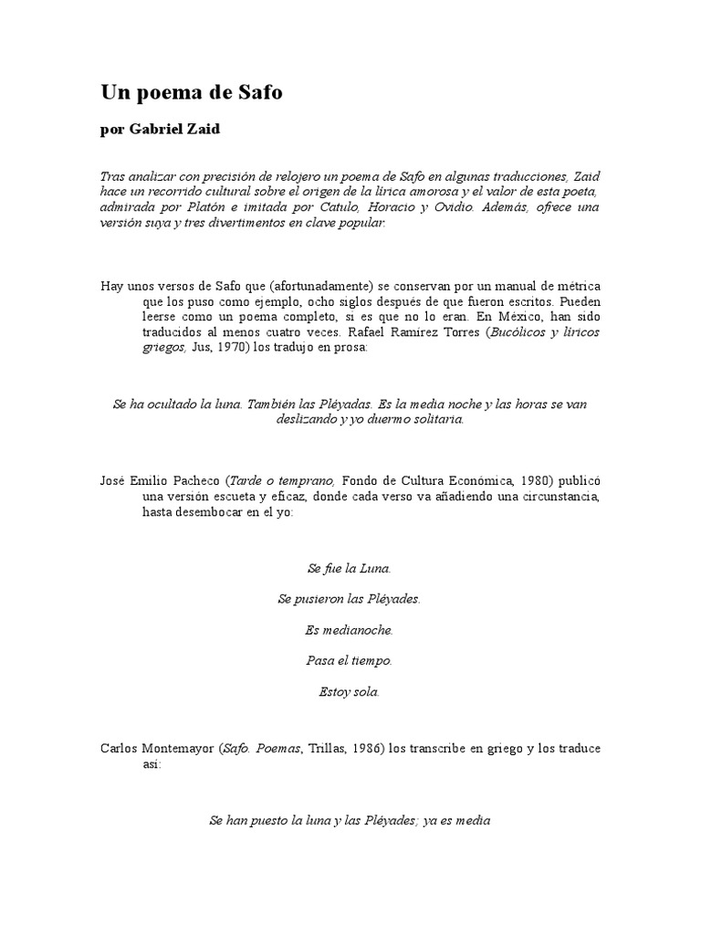 Análisis Del Poema De Safo Por Zaid Pdf Poesía