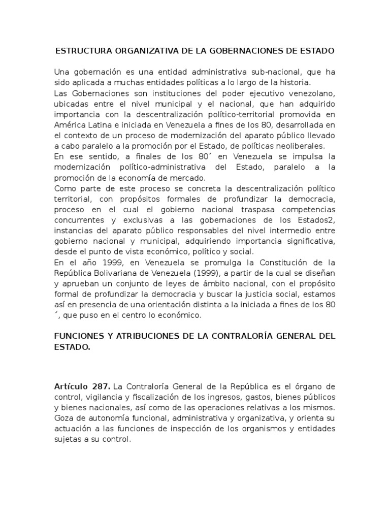 Estructura de Gobernaciones en Venezuela | PDF | Venezuela | Estado ...