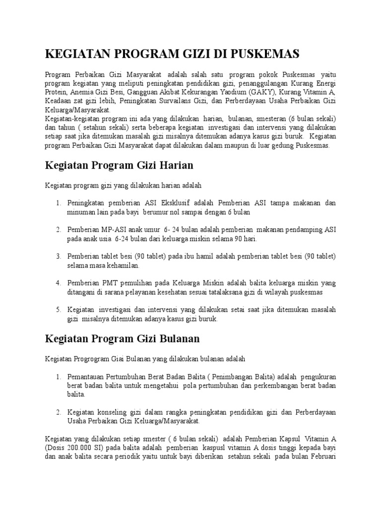 Kegiatan Program Gizi Di Puskesmas | PDF