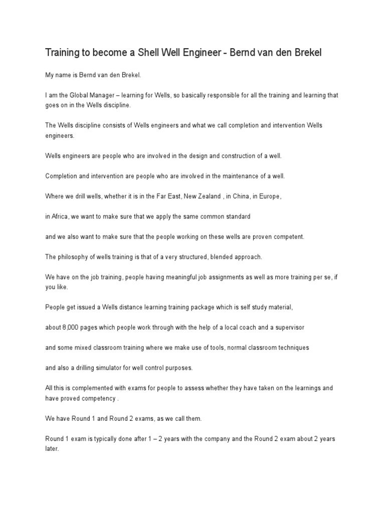 Training To Become A Shell Well Engineer Transcript | PDF